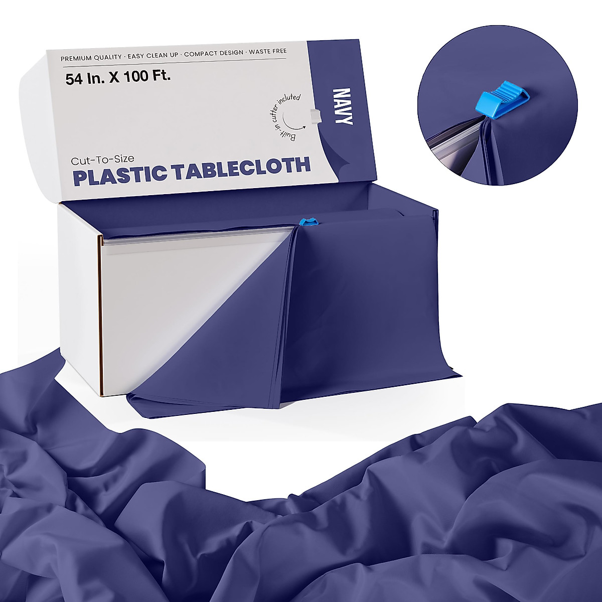 Exquisite 54 Inch X 100 Feet Navy Plastic Table Cover Roll in A Cut - to - Size Box with Convenient Slide Cutter. Cuts Up to 12 Rectangle 8 Feet Plastic Disposable Tablecloths
