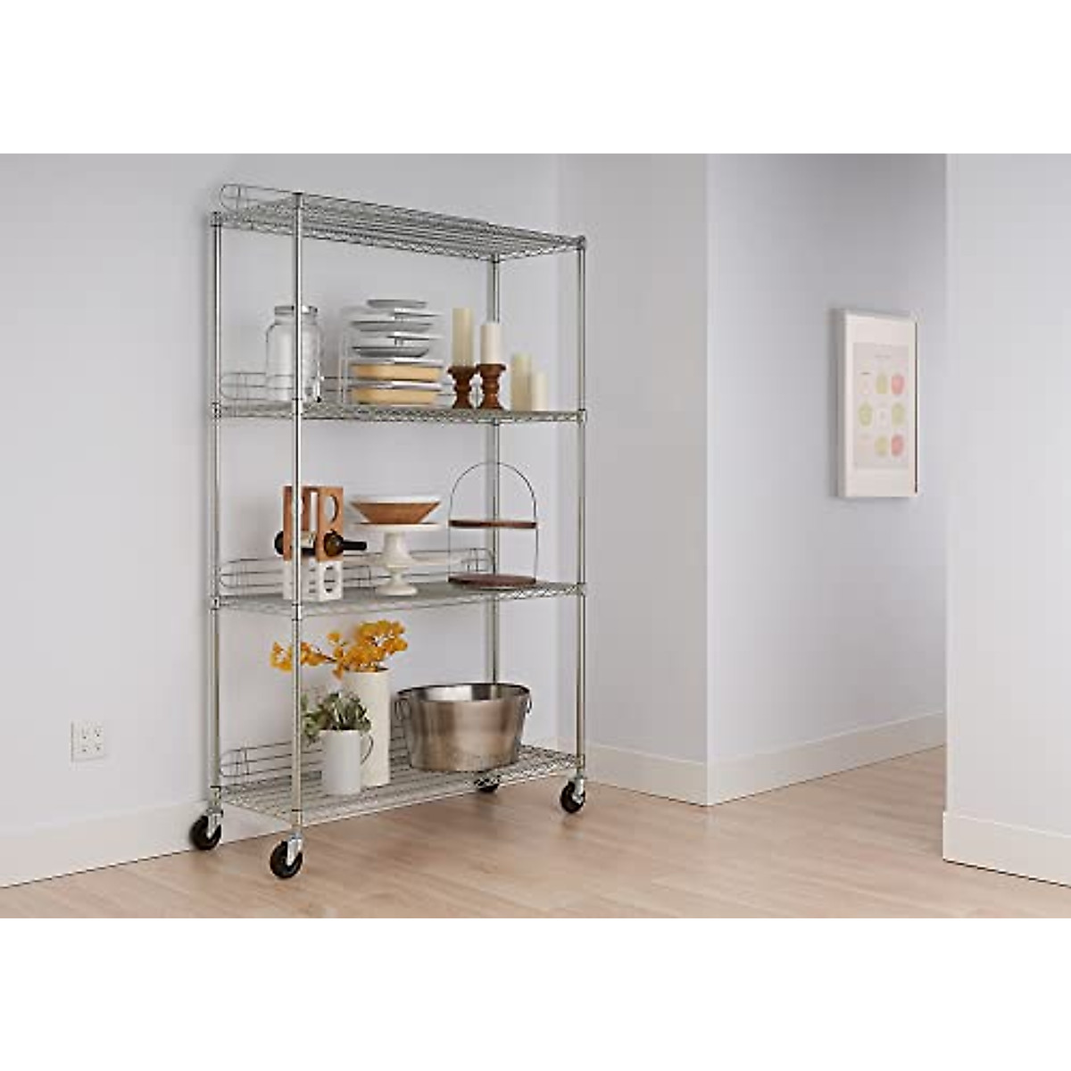 TRINITY EcoStorage Heavy Duty 4-Tier Adjustable Wire Shelving with Wheels and Backstands for Kitchen Organization, Garage Shelf Rack, NSF Certified, W D x 77” H, 48 by 18 by 72", Chrome