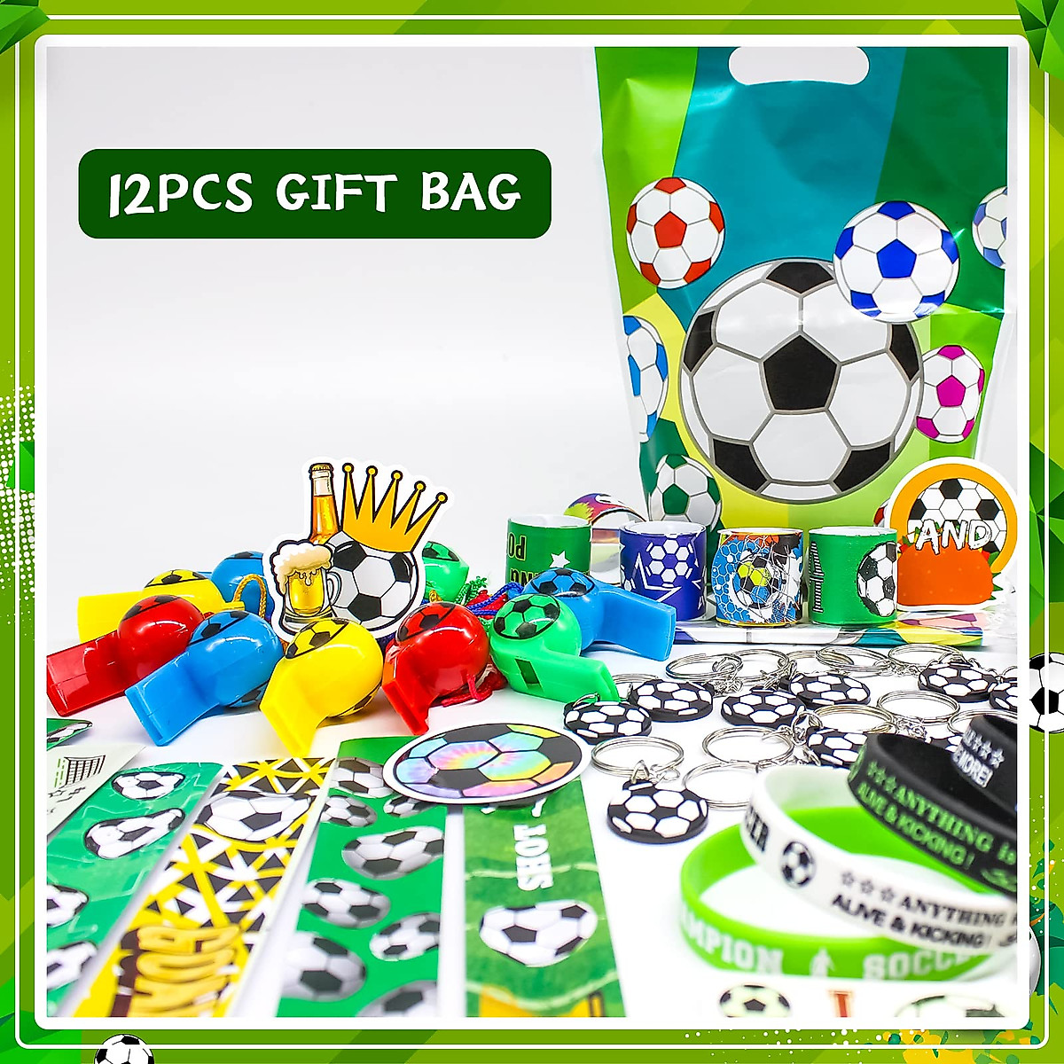 Miucat 120Pcs Soccer Party Favors, Soccer Birthday Party Supplies with Whistle Stickers Slap Bracelet Key Chains and Soccer Goodie Bags for Soccer Party Decorations Supplies