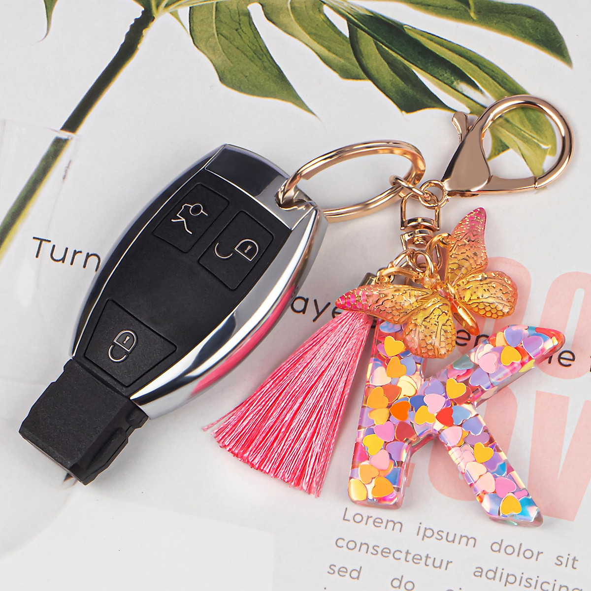 Suweibuke Colourful Cute Initial Letter Keychains for Women Girls with Tassel Butterfly, Charm for Purse Backpacks Handbags Schoolbags (Colorful Pink-K)