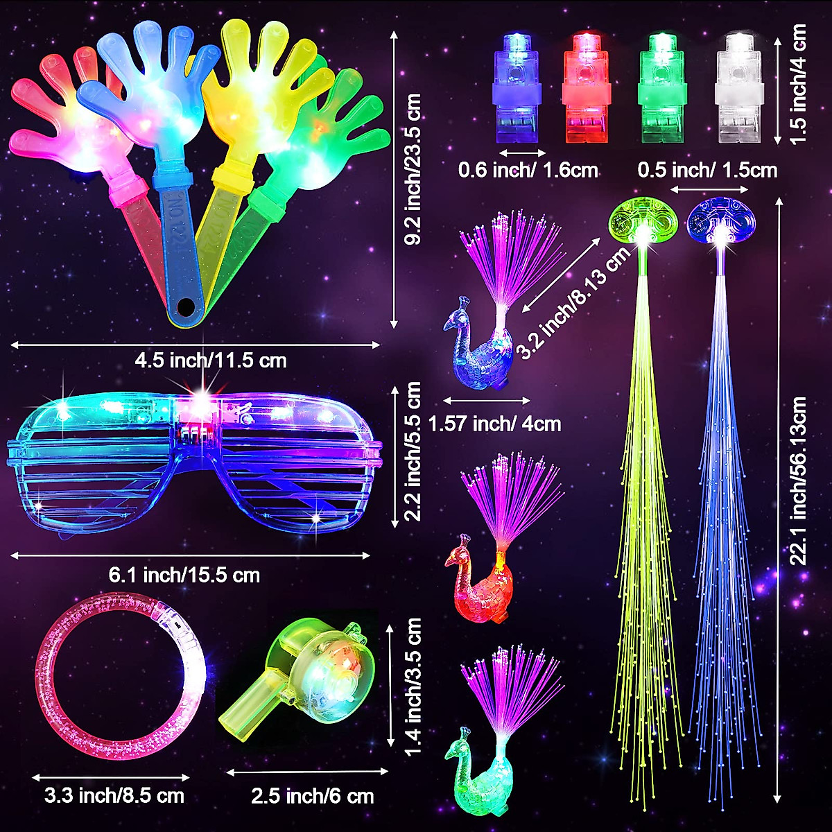 122 PCS Glow In The Dark Party Supplies Light Up Toy Party Favors with 12 Flashing Glasses LED Bracelets Flashing Hair Neon Peacock Finger Light LED Whistle Glow Hand Clappers and 50 Finger Lights