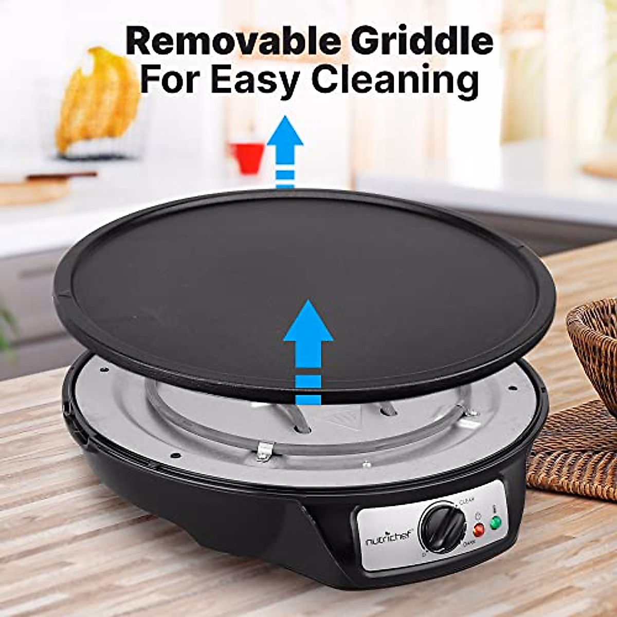 Electric Crepe Maker & Griddle -Easy to Clean Detachable Nonstick Cooktop - Cooks Crepes Bacon, Tortillas & Omelets - 12inch Cook Area with Adjustable Temperature - Includes Spatula & Batter Spreader