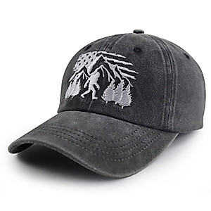 Xucamty Bigfoot Gifts for Men Women, Funny American Flag Forest Mountain Big Foot Baseball Cap, Adjustable Cotton Embroidered Sasquatch Hat, Birthday Gifts for Sasquatch Lovers Outdoor Camping Hunting