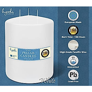 HYOOLA White Three Wick Large Candle - 6 x 8 Inch - Unscented Big Pillar Candles - 188 Hour - European Made