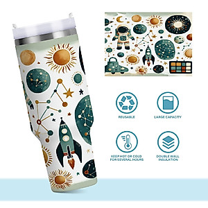 Jihqo Space Rockets Planets 40 oz Stainless Steel Vacuum Insulated Tumbler with Handle and Straw Lid, Leakproof Water Bottle Double Wall Travel Mug Coffee Cup, Cupholder Friendly