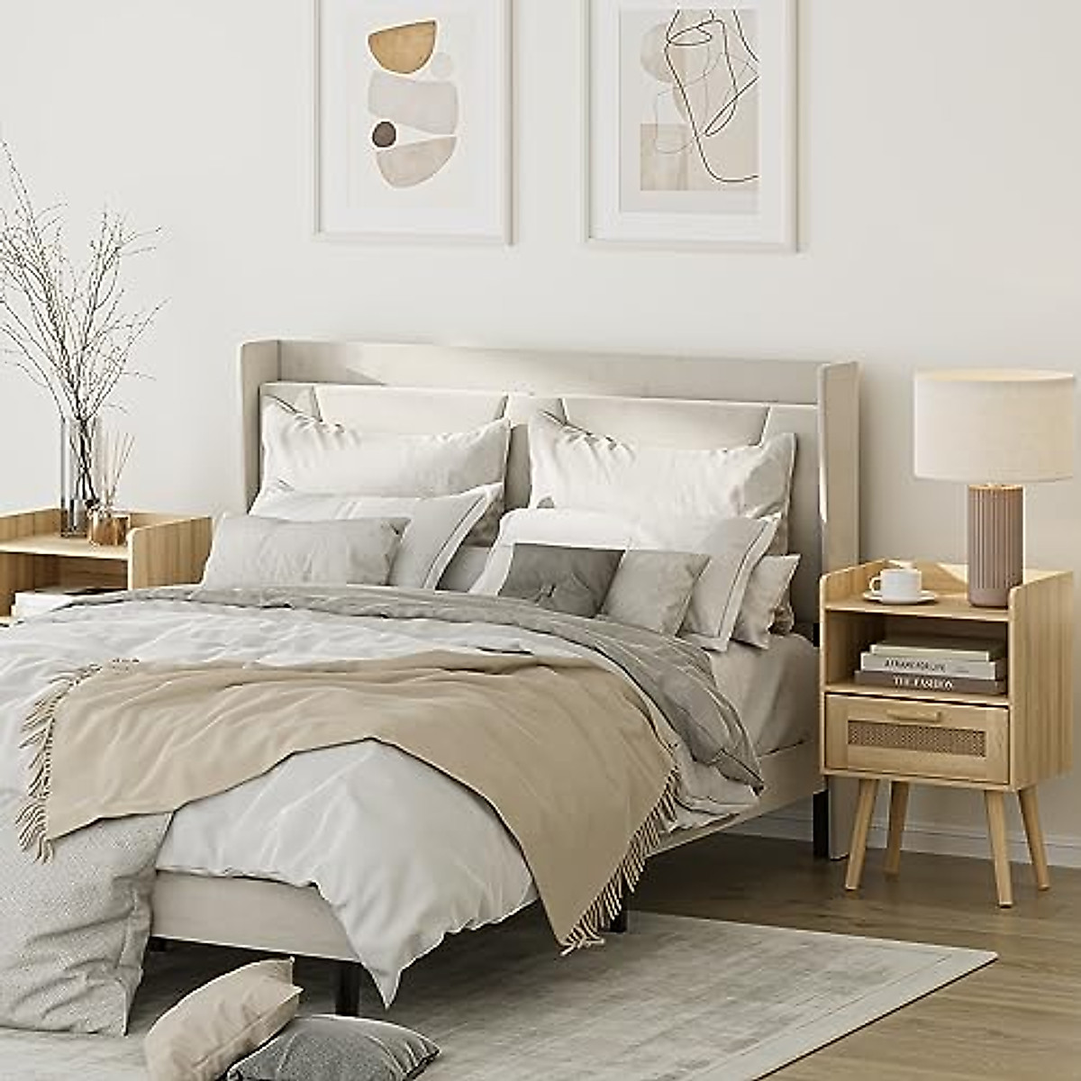 Masupu Night Stand,Bedside Table with PE Rattan Decor Drawer,End Table with Solid Wood Legs, Rattan Furniture,Side Table with Drawer Open Shelf,Rattan Nightstand for Bedroom,Living Room