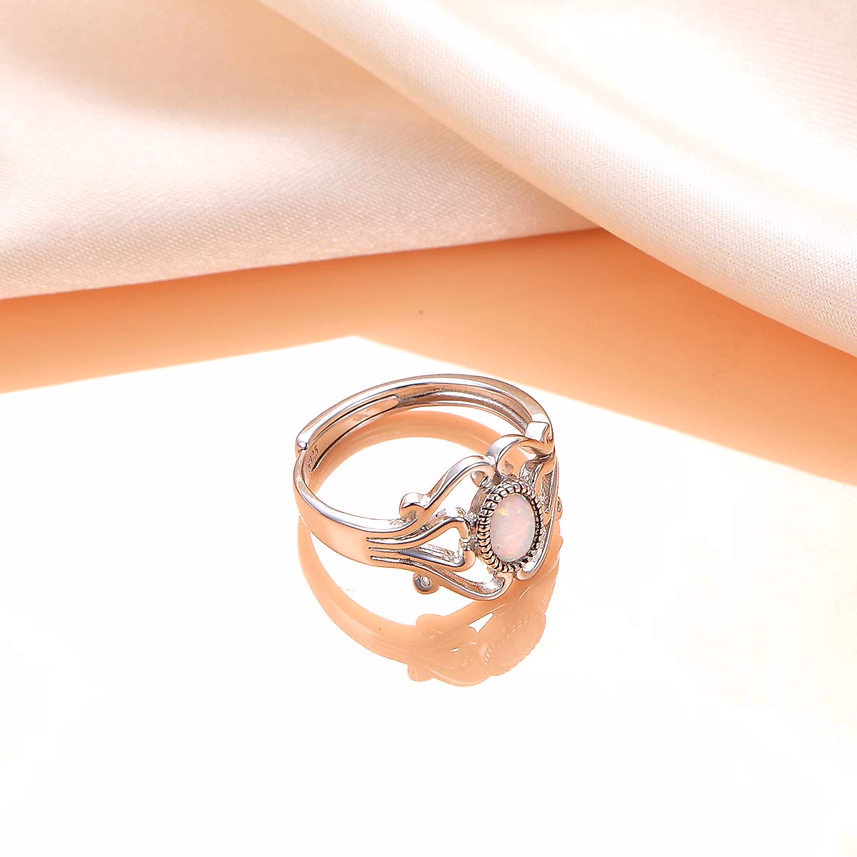 FLYOW Adjustable White Created Opal Rings for Women 925 Sterling Silver Victorian Style Rope Ring Christmas Gifts Classical Magic Mirror Rings Size 9