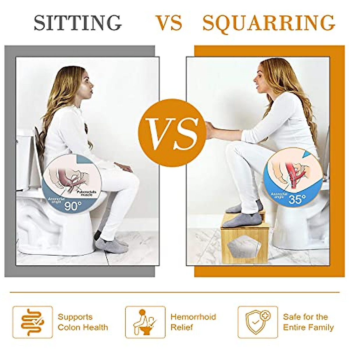 Squatting Toilet Stool, Bamboo 8 Inch Toilet Potty Stool, Foldable Bathroom Poop Stool with Non-Slip Mat for Adults Children