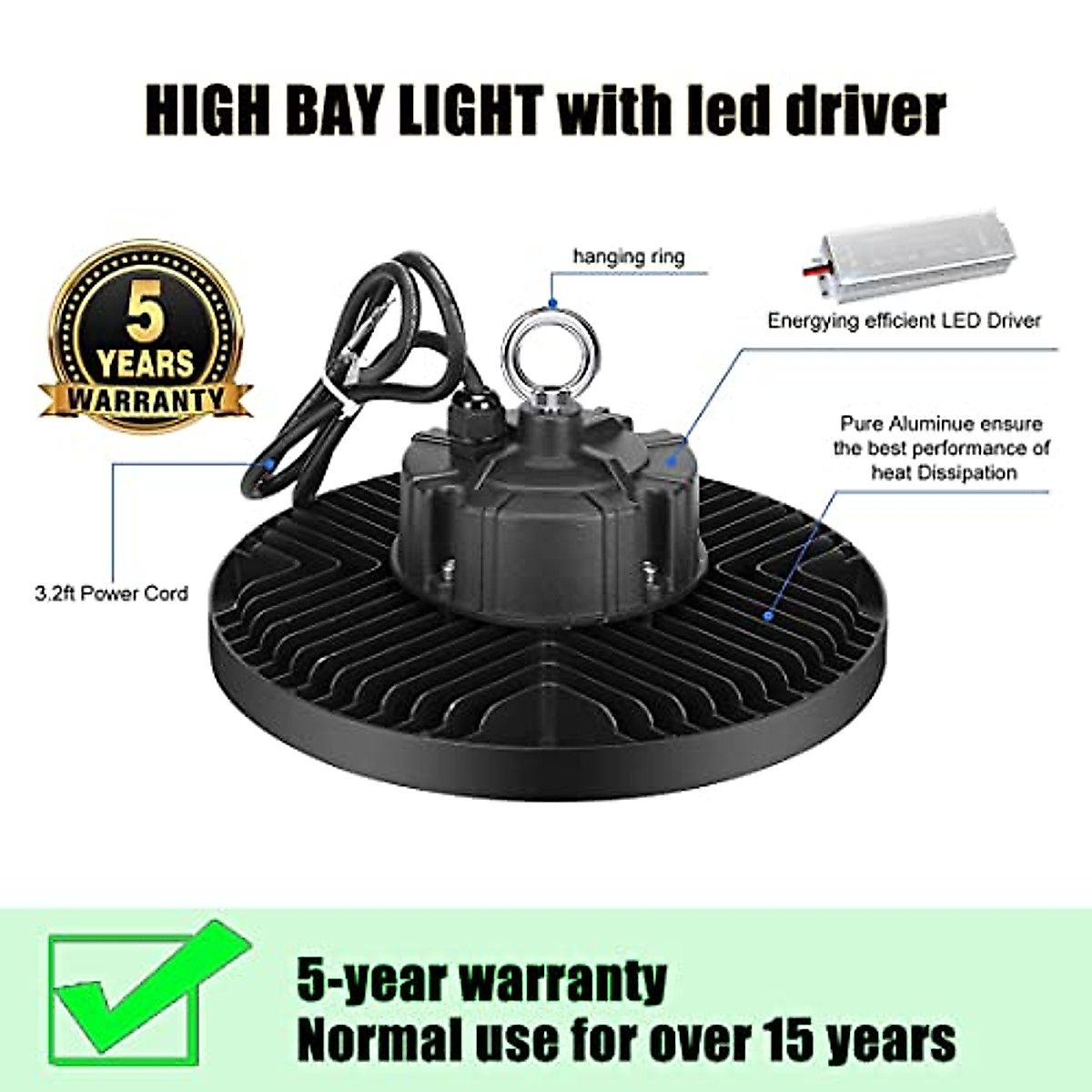 Juyace UFO LED High Bay Light 200W 28000lm 800W HID/HPS Equivalent High ...