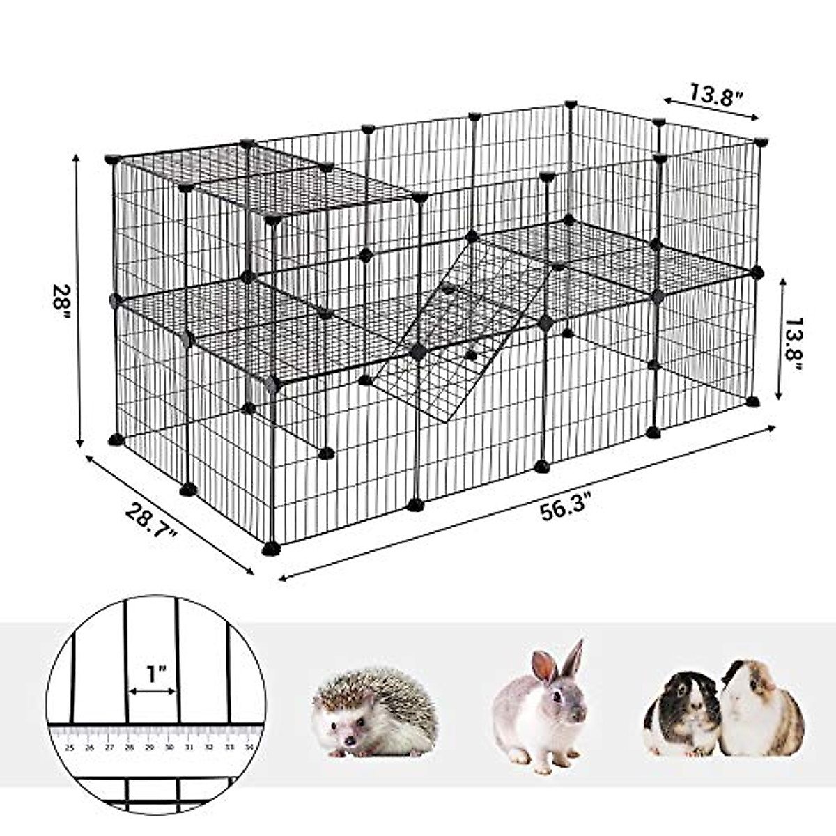 SONGMICS Pet Playpen, Small Animal Playpen, Rabbit Guinea Pig Cage, Zip Ties Included, Metal Wire Apartment-Style Two-Story Pet Premium Villa for Bunnies Puppies, Indoor Use, Black ULPI02H