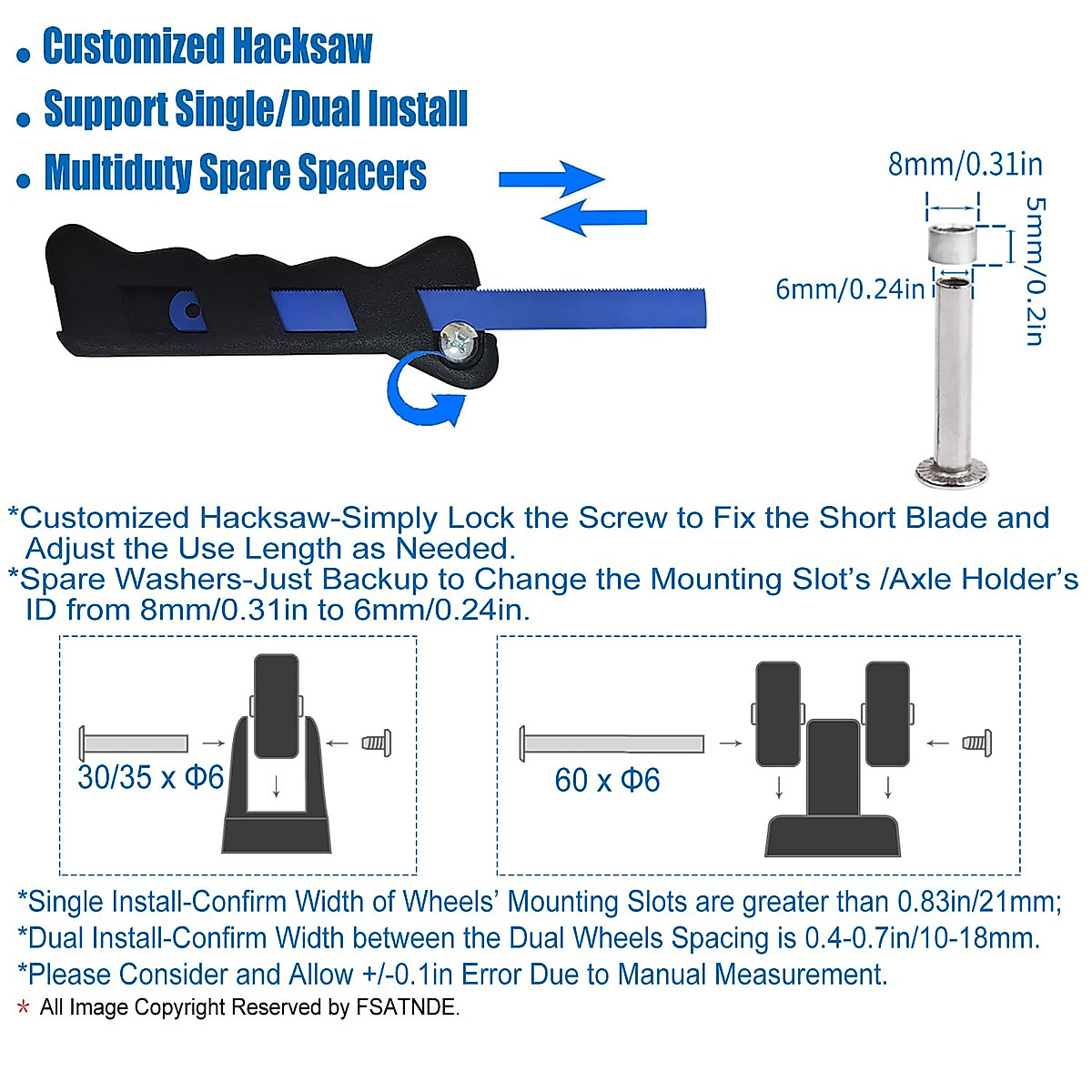 FSATNDE Luggage Suitcase Replacement Wheels Set of 4 PU Bearing Wheels-Install Width 0.8in/21mm with 3 Size Axles and Hacksaw for Trolley Bag Drawbar Box Smooth Rolling Repair(60x18mm)
