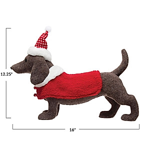 Creative Co-Op 16" L x 4" W x 12-1/4"H Fabric Dachshund with Santa Hat & Coat, Brown, Red & White