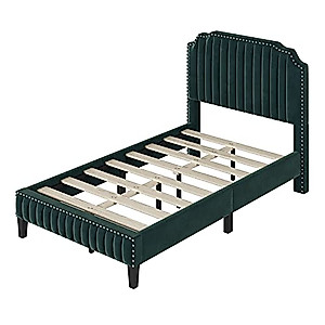 Livavege Full Size Bed Frame, Velvet Upholstered Full Platform Bed Frames with Curved Headboard, Mattress Foundation/Strong Wooden Slats Support/No Box Spring Needed/Easy Assembly, Green
