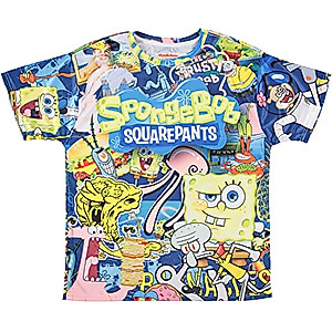 Mens Spongebob Squarepants Classic Shirt - Spongebob, Patrick & Krusty Krab Sublimated Allover T-Shirt (White, Medium)