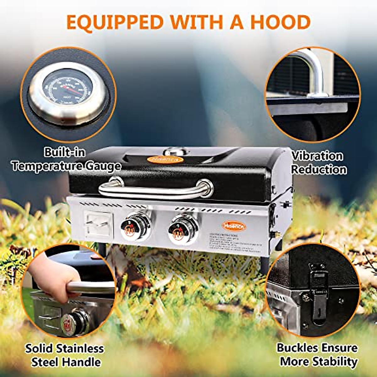 Hisencn Portable Griddle for Outdoor, Tabletop, Countertop, Kitchen, Tailgating, RV - Nonstick Camping Griddle 348 sq. in. 24000 BTUs Griddle for Gas Grill, 22 Inch with Hood, with Carry Bag