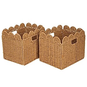 Paper rope Storage Baskets，Wicker Baskets,Folding 2 Packs Handmade Woven baskets, paper rope Basket For Shelf,Seagrass Baskets,Shelf Baskets For Storage Toys Books And Clothes.