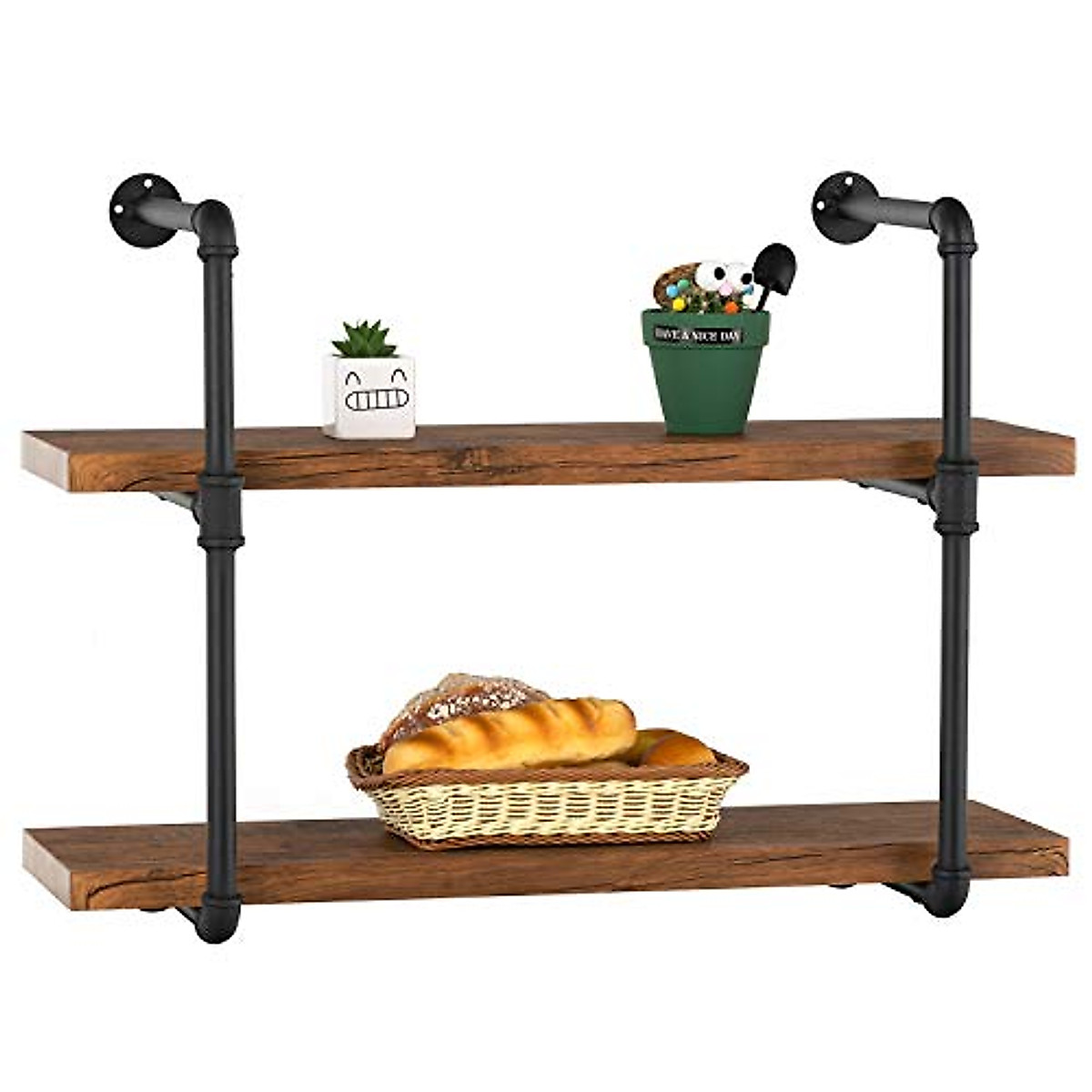 mecor 2022 New Industrial Wall Shelf 2-Tier with Planks, Wall Mount Iron Pipe Shelves, Wood and Metal Frame Wall Bookcase