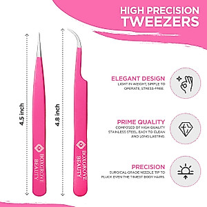 Lash Tweezers Set of 2 Stainless Steel Tweezers for Eyelash Extensions, Straight and Curved Tip Eyelash Tweezers, False Lash Application Tools (Pack of 2, Pink)