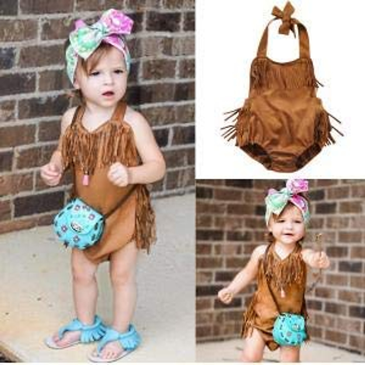 Infant Baby Girl Fringe Faux Suede Romper - Western Style Halter Sunsuit, Adjustable Straps (Brown, 6-12 Months)