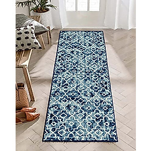 Moroccan Hallway Runner Rug,2'X 6' Distressed Washable Area Rug Peacock Blue Non-Slip Kitchen Mat Faux Wool Low-Pile Floor Carpet for Kitchen Laundry Bedroom Bathroom Living Room