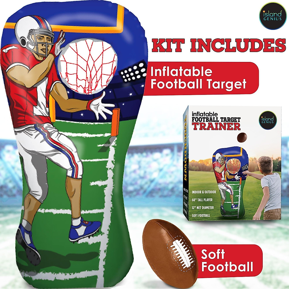 Island Genius Inflatable Football Toss Party Game, 60-Inch Football Player Football Target Practice for Kids, Football Games for Kids Party, Football Toys Football Games for Boys 8-12 Girls & Family
