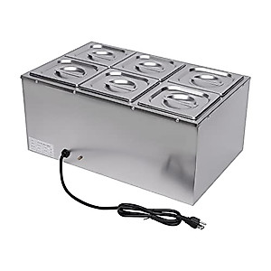 6-Pan Commercial Food Warmer, 110V 600W Electric Steam Table 15cm/6inch Deep, Professional Stainless Steel Buffet Bain Marie for Catering and Restaurants
