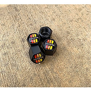Tactilian Retro Toyota Valve Stem Cap - Red Orange Yellow Yota Aluminum with Rubber Ring Tire Wheel Rim Dust Cover fits Cars, Trucks, Bikes, Motorcycles, Bicycles - (4 Pack) (Retro Toyota)