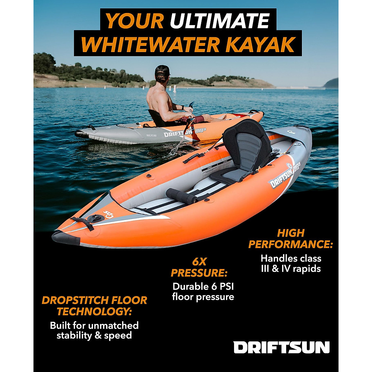 Driftsun Rover 120 Inflatable Kayak - 1 Person Adult White Water Single Rider Foldable Kayak Canoe Set with Padded Seat, Aluminium Paddle, Action Cam Mount, Pump, High Pressure Floor & Travel Bag