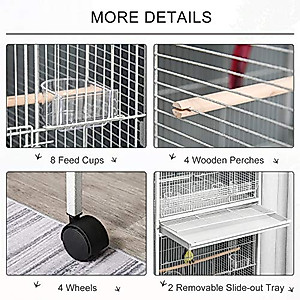 PawHut Wrought Metal Bird Cage Feeder with Rolling Stand Perches Food Containers Doors Wheels 67" H, White