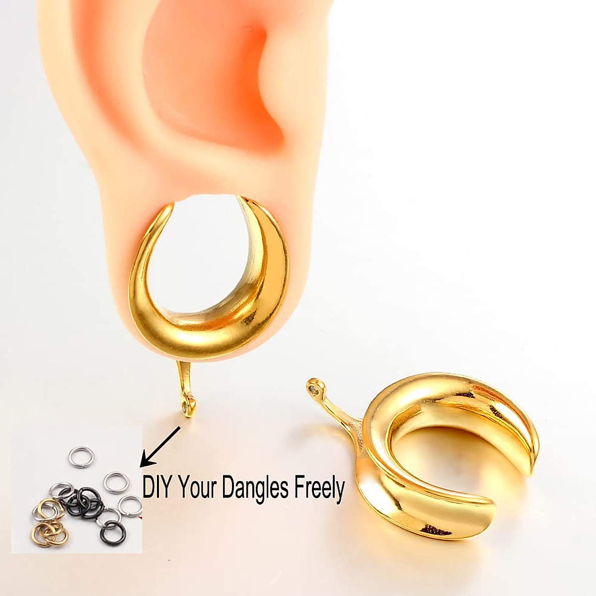 Earblity (8mm 0g DIY Ear Saddle Tunnel Plugs Piercing Stretchers Gold Hypoallergenic 316 Stainless Steel Ear Gauges Dangle Accessories Expander Fashion Body Jewelry 2PCS