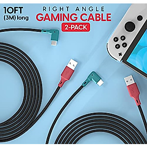 TALK WORKS Fast Charging Cable Compatible with Nintendo Switch, Switch Lite & OLED - USB-C Charger Cables - 10 ft. Long, Right-Angle Cable for Comfortable Mobile Gaming - Blue/Red (2 Pack)