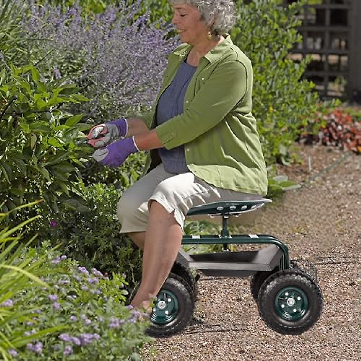 Kinsuite Rolling Utility Garden Cart Patio Wagon with Adjustable 360 Degree Swivel Seat Heavy Duty Steel Frame