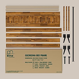 Bme Georgina King Bed Frame and Headboard, Handcrafted Geometric Pattern Solid Wood, No Box Spring Needed, 12 Strong Wood Slats Support, Easy Assembly, Teak Brown + Large Rectangle Wicker Baskets