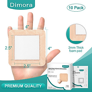 Dimora Silicone Foam Dressing with Border Adhesive 4"x4" Wound Dressing First Aid Bandage for Wound Care 10 Pack FSA/HSA Approved