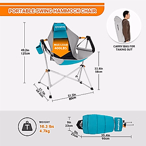 KingCamp 2 Pack Hammock Camp Chair, Oversized Aluminum Alloy Swing Camp Chair, Rocking Camp Chairs with Pillow Cup Holder for Adults Outdoor Travel Sports Game Lawn Concerts Garden (Cyan/Grey)