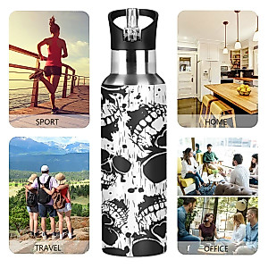 Glaphy Vintage Skulls Retro Water Bottle with Straw Lid, BPA-Free, 20 oz Water Bottles Insulated Stainless Steel, for School, Office, Gym, Sports, Travel