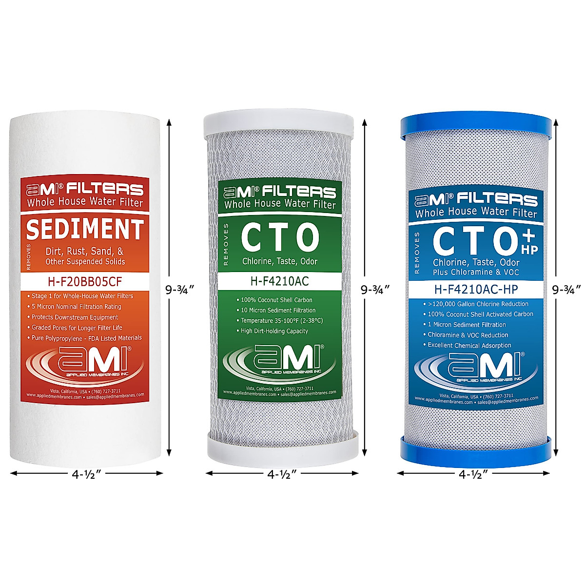 Applied Membranes Inc. 3-Stage Whole-House Water Filter Cartridge Replacements, Includes 10-Inch Sediment, Carbon, and Lead Filter Cartridges