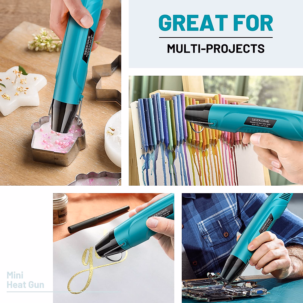 SEEKONE Handheld Heat Gun, 662℉ Portable Mini Hot Air Gun with 4.9Ft Long Cable, Overheat Protection and Fast Heating Reflector Nozzle for DIY, Craft Embossing, Shrink Wrapping, Electronics