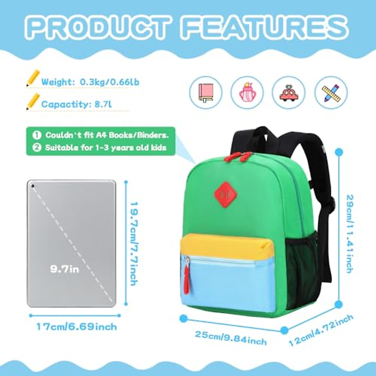 Toddler Backpack, 12'' Preschool Mini Backpack for Small Kids Boys and Girls 1-4 years old Kindergarten Small Bookbag with Chest Buckle and Reflective Strip,Green and Blue