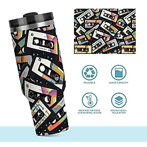 Exnundod Retro Vintage Cassette Tapes Tumbler with Handle 40oz and Straw Insulated Tumblers Leak-proof Water Bottle for Car Travel