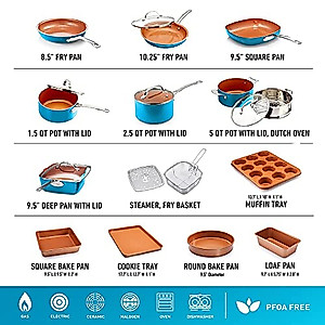 Gotham Steel Cookware + Bakeware Set with Nonstick Durable Ceramic Copper Coating – Includes Skillets, Stock Pots, Deep Square Fry Basket, Cookie Sheet and Baking Pans, 20 Piece, Turquoise