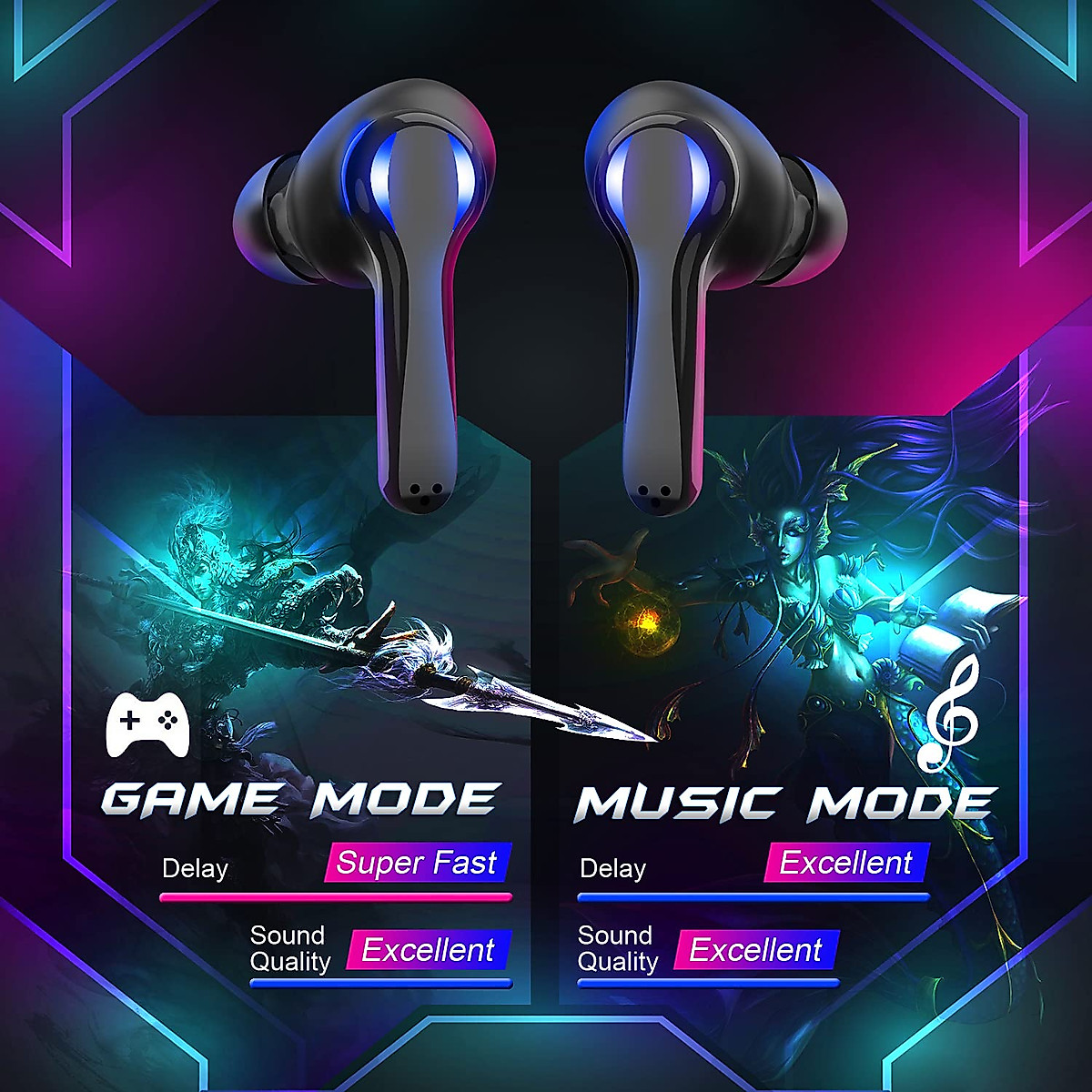 Wireless Game Earphones, Bluetooth 5.1 Headphones with Noise Cancelling Earbuds Mic Fingerprint Touch Control 35ms Low Latency IPX5 Waterproof Headsets for Gaming 30H Playtime by MEI Hua