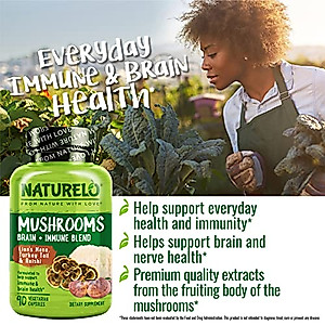 NATURELO Mushroom Supplement – Brain & Immune Health Blend with Lion’s Mane, Reishi, Turkey Tail – 90 Vegan Friendly Capsules