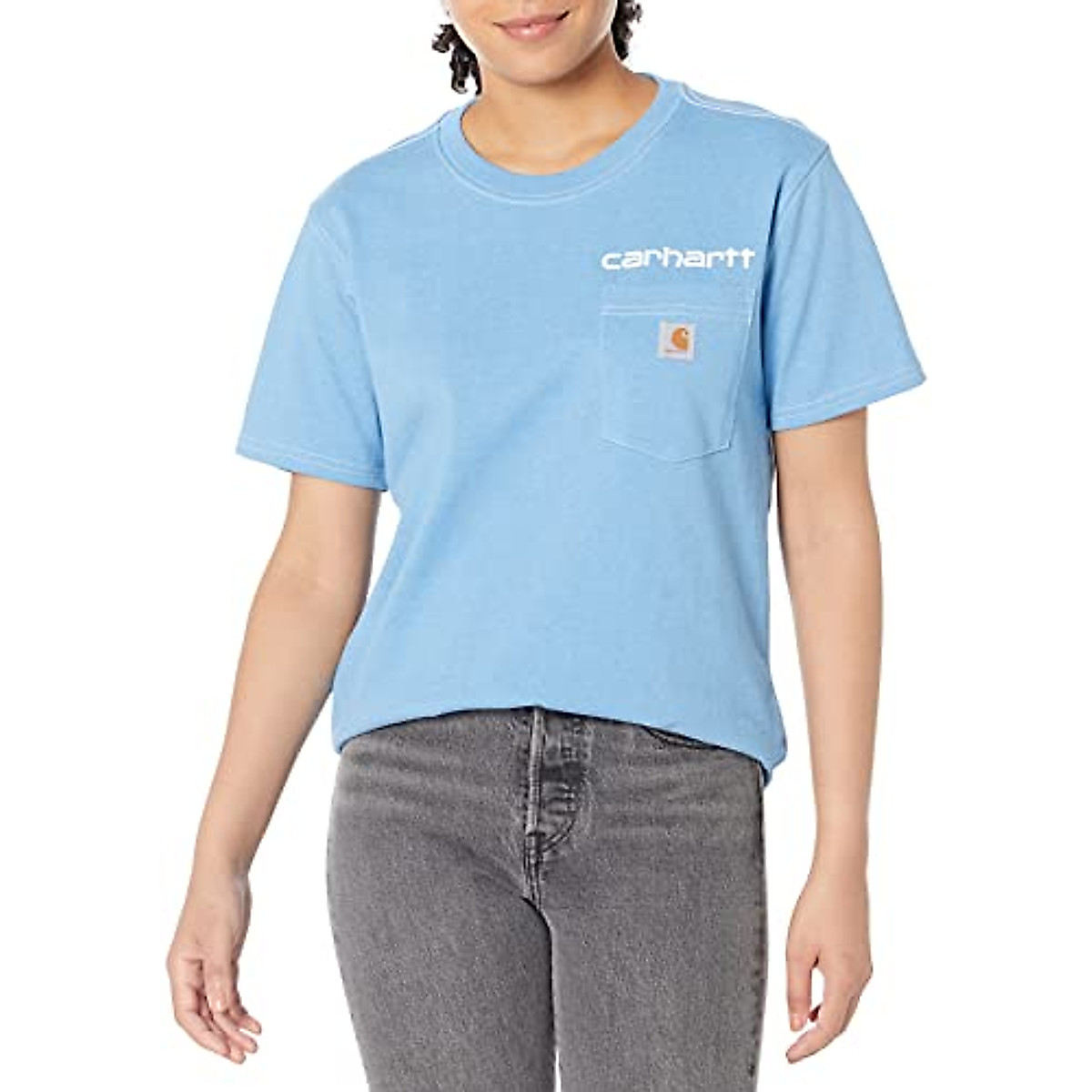 Carhartt womens Short-sleeve T-shirt Loose Fit Heavyweight Short Sleeve Pocket Logo Graphic T shirt, Blue Lagoon Heather, Small US