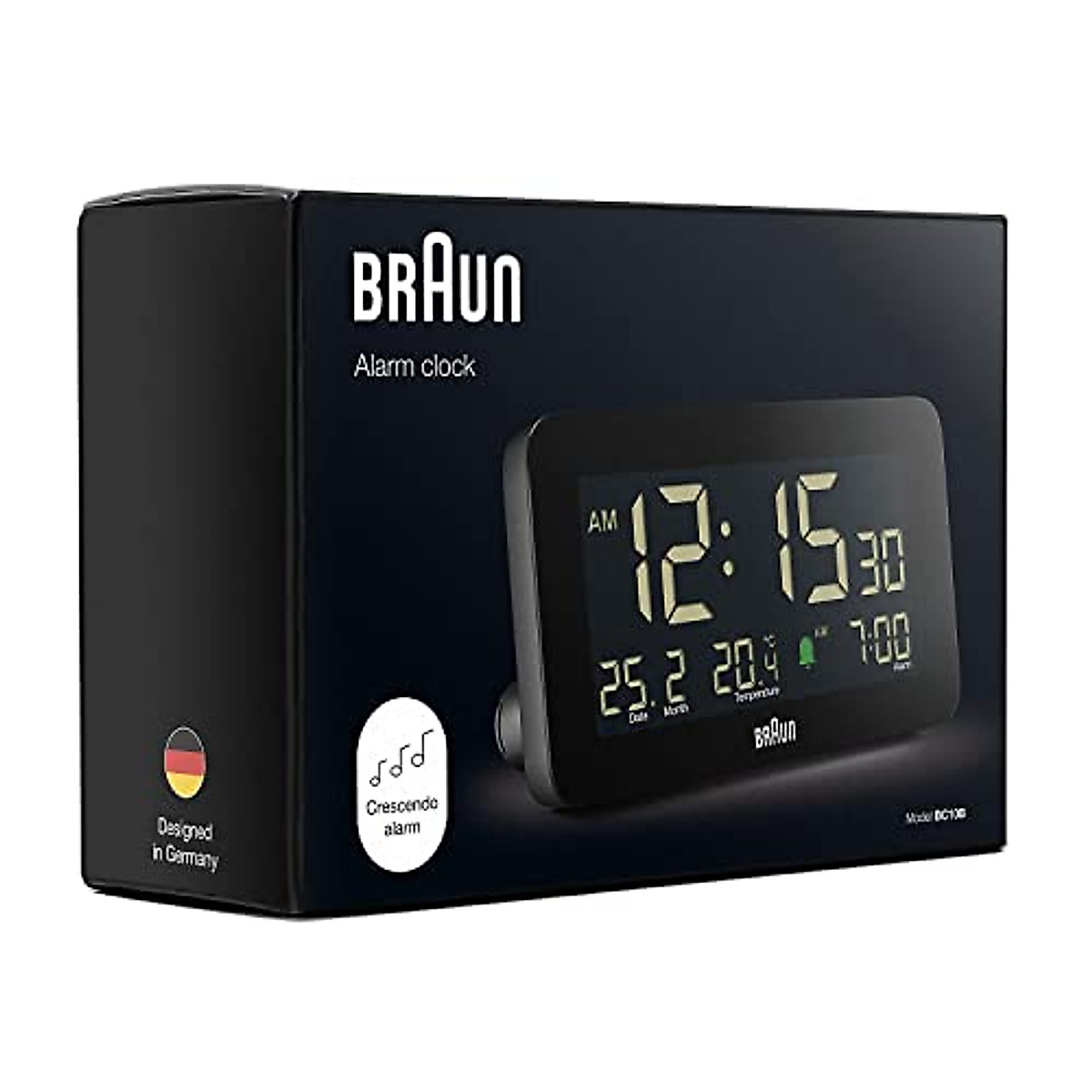 Braun Digital Alarm Clock with Date, Month and Temperature Displayed, Negative LCD Display, Quick Set, Crescendo Beep Alarm in Black, Model BC10B.