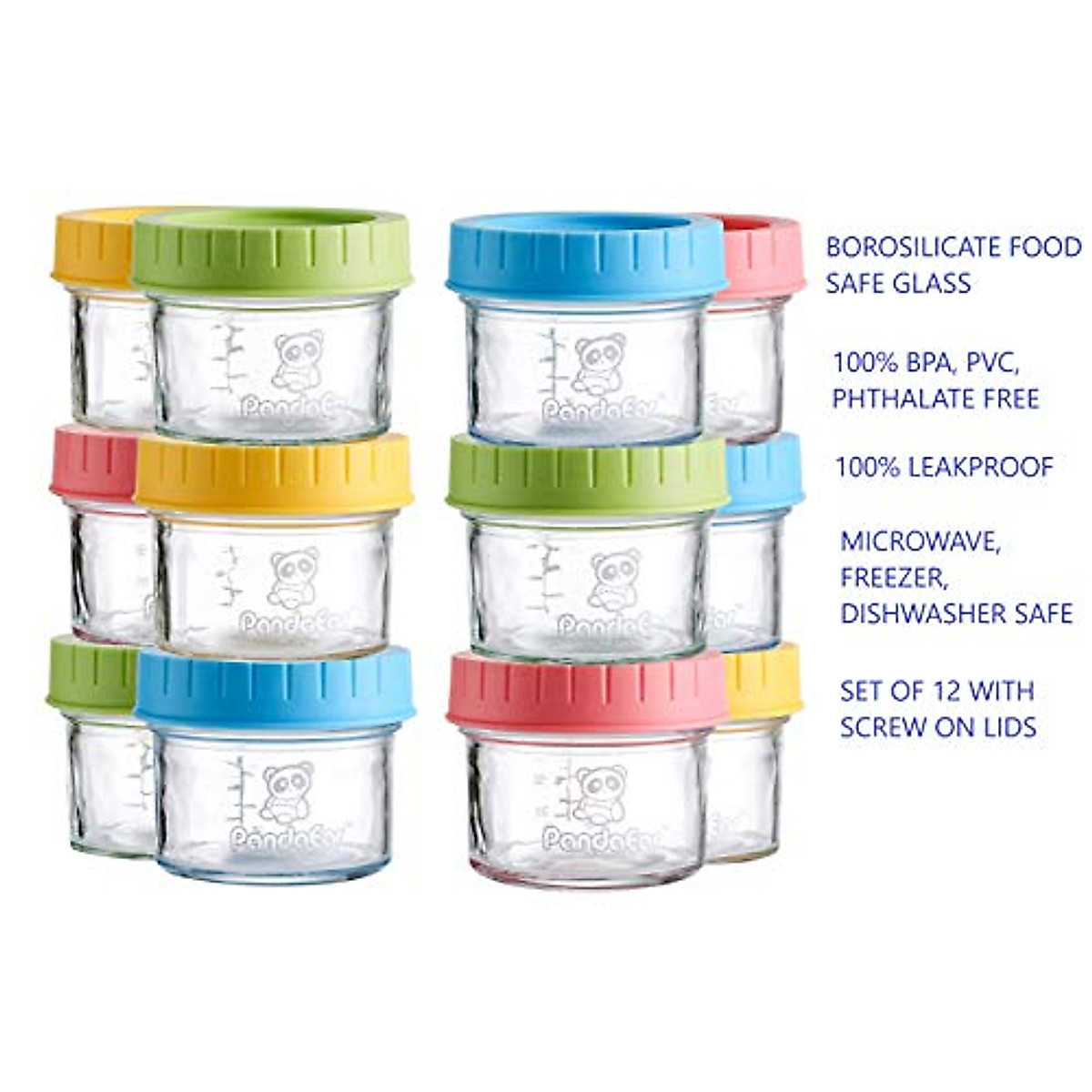 PandaEar (12 Pack) Glass Baby Food Storage Jars | 4 oz Reusable Small Containers Freezer Storage with Airtight Lids Leak Proof | Microwave & Dishwasher Safe | Infants Kids Babies