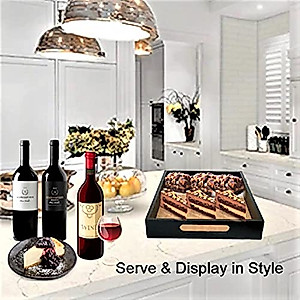 Bamboo Serving Tray with Handles (16" x 11" x 2") – Wood Serving Tray - Coffee Table Tray - Ottoman Tray - Decorative Display Tray In Black & Natural