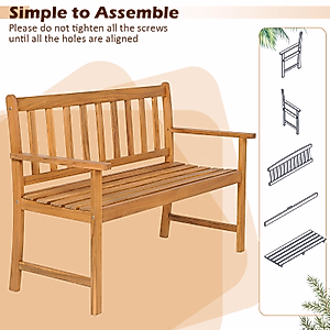 Tangkula Outdoor Acacia Wood Bench, 2-Person Garden Bench with Backrest and Armrests, Garden Bench with Slatted Seat for Porch, Park, Backyard, 800 Lbs Max Load, 48” L x 22” W x 34” H, Natural
