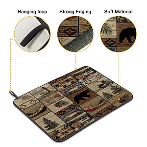 Rustic Cabin Lodge Bear Tree Dish Drying Mat for Kitchen Countertop, Absorbent Dishes Drainer Fast Drying, Drying Mat 18 X 24 Inch