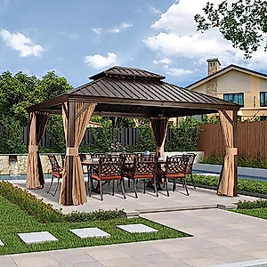 PURPLE LEAF 12' X 14' Outdoor Hardtop Gazebo Permanent Outside Heavy Duty Sun Shade Deck Canopy for Patio All Weather Aluminum Metal Roof Backyard Pavilion with Netting and Curtains